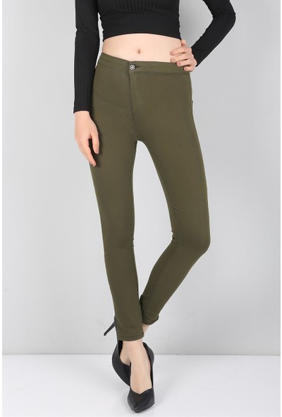 Nacar Çarşı Kadın Dar Paça Likralı Haki Yeşil Keten Pantolon