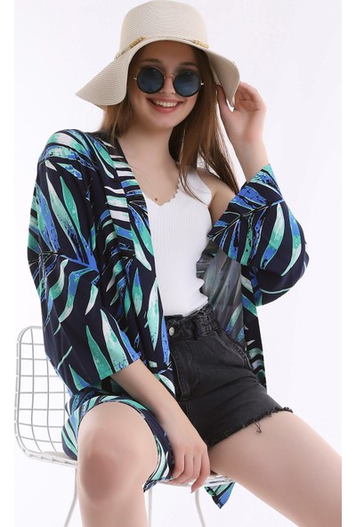Dnz Bayan Lacivert Tropikal Uzun Kimono