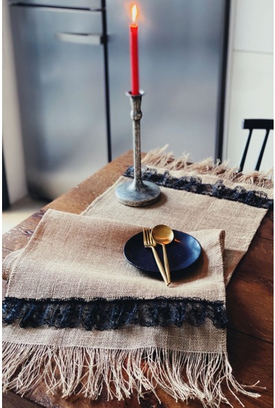 Eae Sanat Siyah Saçaklı Dantelli El Yapımı Jüt Runner 45X150 Eae Sanat Siyah Saçaklı Dantelli El Yapımı Jüt Runner 45X150