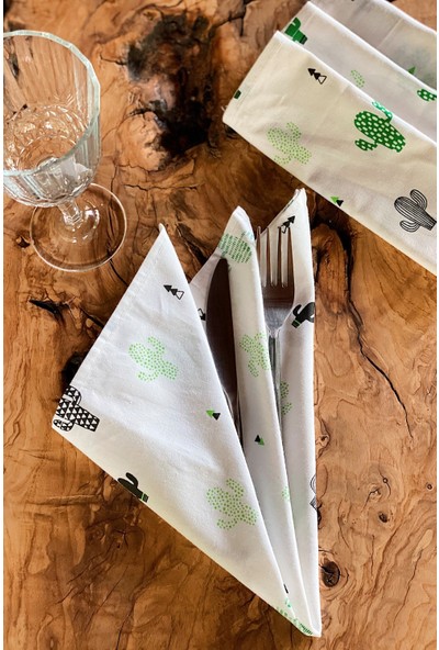 Eae Sanat 8'li Organik Kumaşlı Kaktüslü Servis Sunum Peçetesi