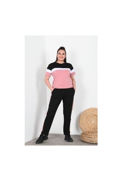 Tarzım Süper Kadın Büyük Beden Pembe Siyah Çizgili Eşofman Takımı