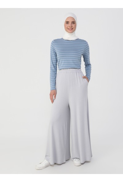 Viskon Kumaştan Beli Lastikli Pantolon- Gri - Refka Basic Viskon Kumaştan Beli Lastikli Pantolon- Gri - Refka Basic