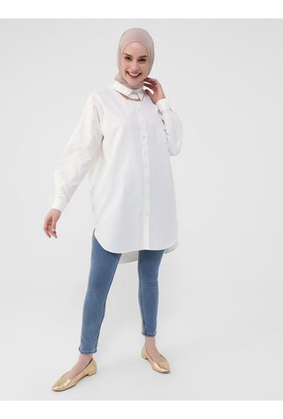 Doğal Kumaşlı Arkası Uzun Oversize Tunik - Hindistan Cevizi - Refka Casual