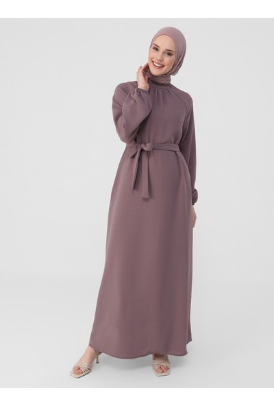 Dik Yaka Kemer Detaylı Elbise - Vintage Mor - Refka Casual