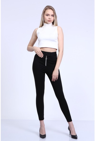 Neslice Kadın Siyah Yüksek Bel Önden Fermuarlı Dar Paça Pantolon