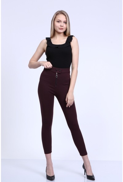 Neslice Kadın Bordo Yüksek Bel Önden Fermuarlı Dar Paça Pantolon