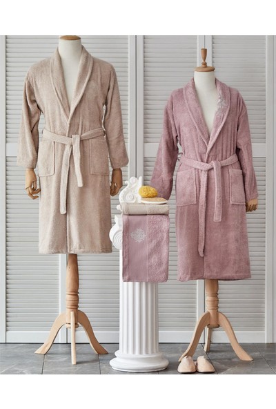 Karaca Home Doleres Pudra/Bej 5 Parça Nakışlı Bornoz Seti