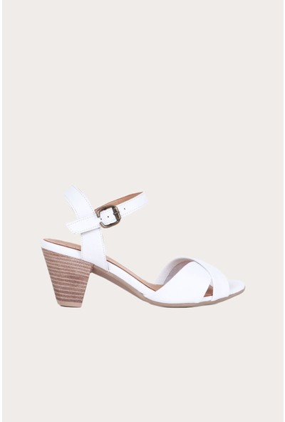 Bueno Beyaz Deri Kadın Topuklu Sandalet