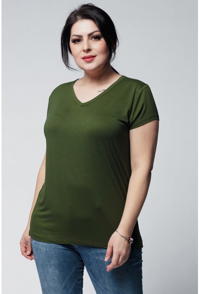 Ebsumu Kadın Büyük Beden V Yaka Basic Kısa Kollu Haki Tişört