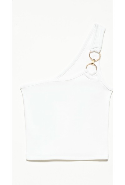 Dilvin 3781 Tek Omuzlu Crop Top-Beyaz