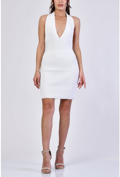 Dilvin Boyundan Geçmeli Arkası Bağcıklı Elbise - Beyaz Beyaz - Standart