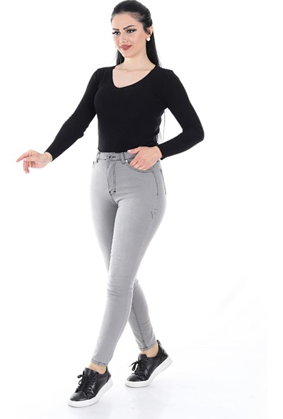 Aydınca Kadın Dar Paça Likralı Yumuşak Kumaş Kot Pantolon (Grii)