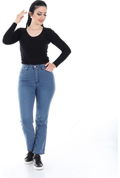 Aydınca Kadın Boru Paça Likralı Yumuşak Kumaş Yüksek Bel Kot Pantolon (Açık Mavi)