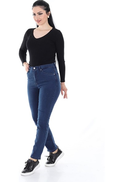 Aydınca Kadın Boru Paça Likralı Yumuşak Kumaş Yüksek Bel Kot Pantolon (Koyu Mavi)