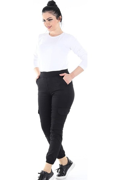 Aydınca Kadın Beli Lastikli Likralı Keten Kargo Pantolon (Siyah)