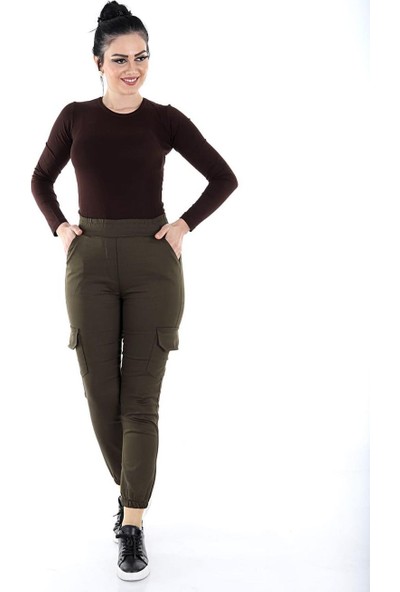 Aydınca Kadın Beli Lastikli Likralı Keten Kargo Pantolon (Yeşi)