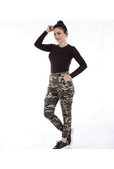 Aydınca Kadın Beli Lastikli Likralı Keten Kargo Pantolon (Kamuflaj)