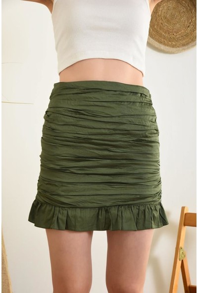 Modkofoni Pilise Detaylı Fermuarlı Haki Mini Etek