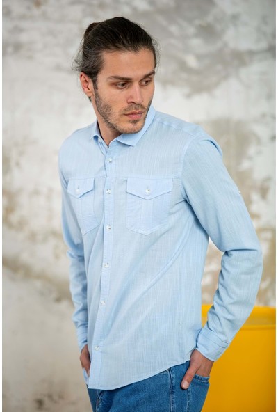 Bay Efendi Erkek Mavi Filamlı Pamuk Keten Çift Cepli Gömlek