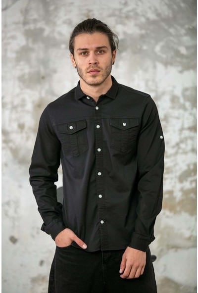 Bay Efendi Erkek Siyah Kot Gömlek Slim Fit Cepli Likralı Gabardin 6015