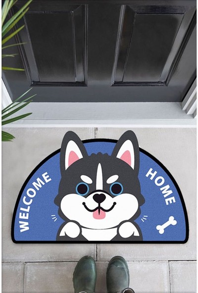 MarkaEv Doormat - Mavi Köpek - Welcome Home Yazılı Oval Paspas 50X80 cm MarkaEv Doormat - Mavi Köpek - Welcome Home Yazılı Oval Paspas 50X80 cm