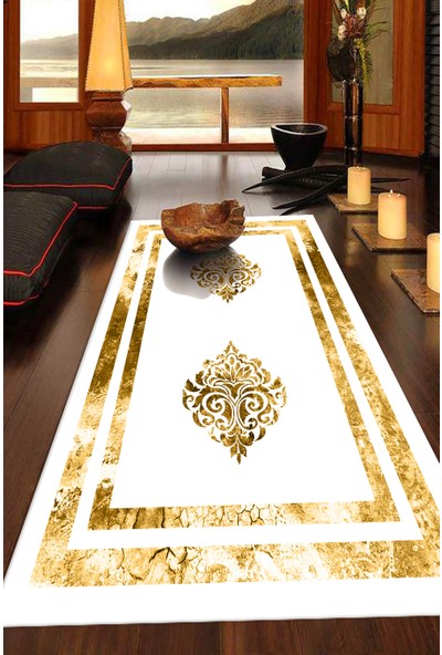 Bely Bely Dijital Baskılı Kaymaz Taban Yıkanabilir Gold Çerçeveli Varak Desenli Beyaz Salon Halısı Bely Bely Dijital Baskılı Kaymaz Taban Yıkanabilir Gold Çerçeveli Varak Desenli Beyaz Salon Halısı
