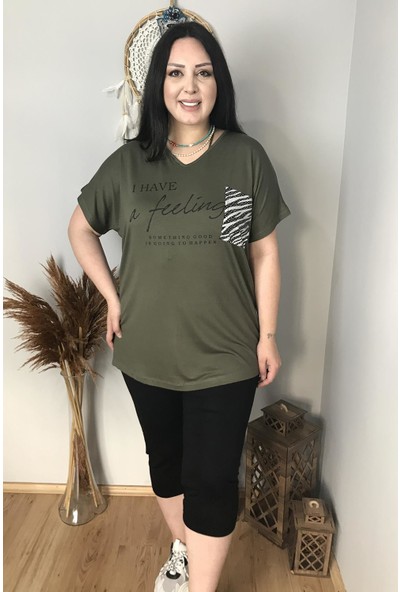 Tarzım Süper Kadın Büyük Beden Kısa Kollu Yazı ve Cep Detaylı Yeşil Tişört