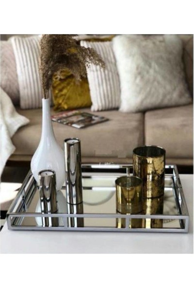 Markimo Home Lüks Metal Gümüş Aynalı Tepsi