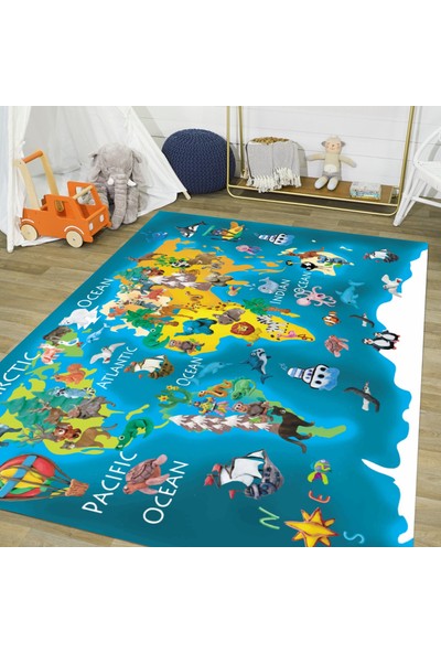 Jungle Halı Jungle Mavi Tabanlı Dünya Haritası Dijital Baskılı Çocuk Halısı