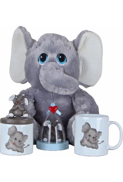 Hediyekanalı Fil Peluş Oyuncak 30 cm Gri Fil Fanus Biblo Kalemlik Kupa Set