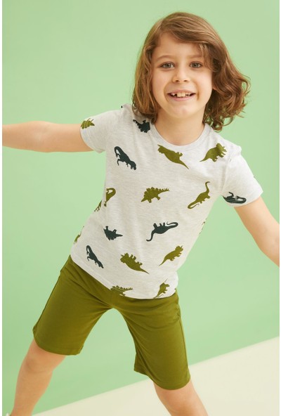 Defacto Erkek Çocuk Dinozor Desenli Kısa Kollu Tişört ve Şort Takımı U5311A621SM