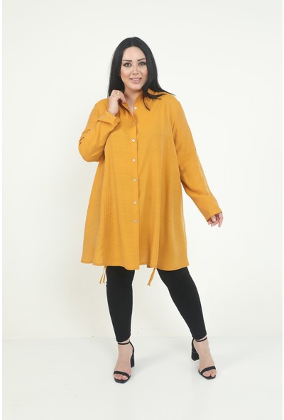 Disentis Modest Büyük Beden Katlamalı Kollu Alttan Büzgülü Hardal Gömlek