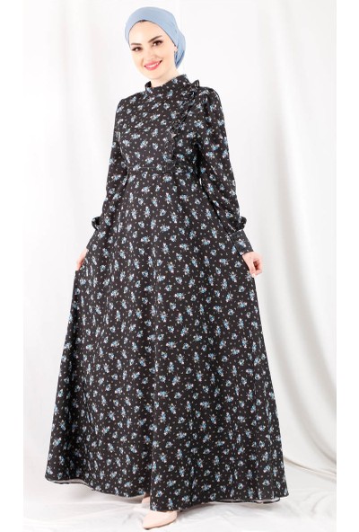 Zülays Çiçekli Fırfırlı Elbise Siyah
