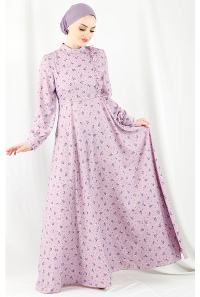 Zülays Çiçekli Fırfırlı Elbise Lila