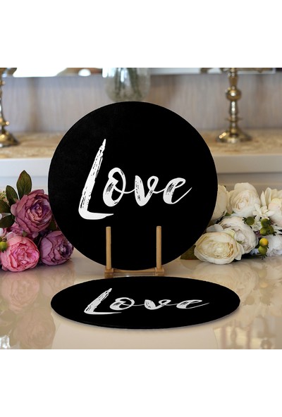 RealHomes 2'li Siyah Zeminde Love Yazılı Modern Yuvarlak Servis Altlığı - Supla