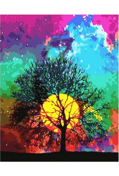 Patladı Gitti Ağaç ve Güneş Tuvale Gerili Sayılarla Boyama Hobi Seti 40X50 cm