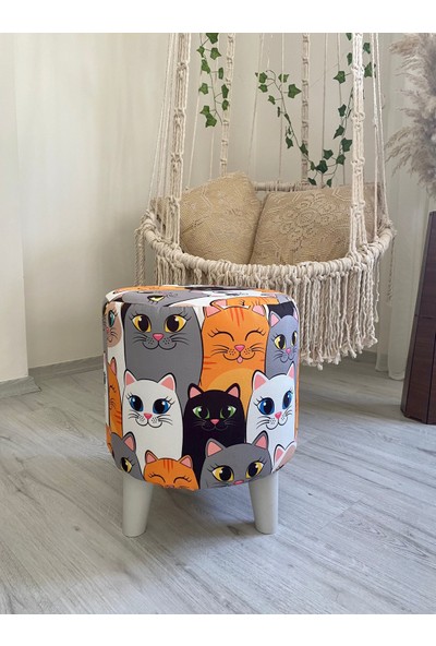 Müber Tasarım Müber Kedi Baskılı Yuvarlak Puf