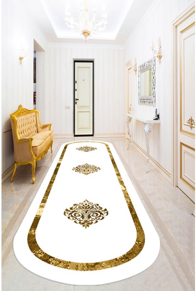 Bely Bely Dijital Baskılı Kaymaz Taban Yıkanabilir Gold Çerçeveli Varak Desenli Beyaz Oval Salon Halısı Bely Bely Dijital Baskılı Kaymaz Taban Yıkanabilir Gold Çerçeveli Varak Desenli Beyaz Oval Salon Halısı
