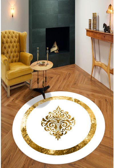 Bely Bely Dijital Baskılı Kaymaz Taban Yıkanabilir Gold Çerçeveli Varak Desenli Beyaz Yuvarlak Salon Halısı Bely Bely Dijital Baskılı Kaymaz Taban Yıkanabilir Gold Çerçeveli Varak Desenli Beyaz Yuvarlak Salon Halısı