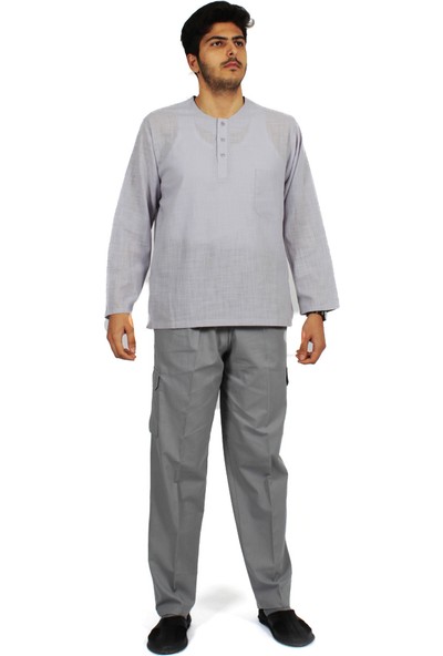 Kanaviçe Hac Umre Kıyafeti Sıfır Yaka Gömlek Kargo Cep Yarım Şalvar Gri E024 Kanaviçe Hac Umre Kıyafeti Sıfır Yaka Gömlek Kargo Cep Yarım Şalvar Gri E024
