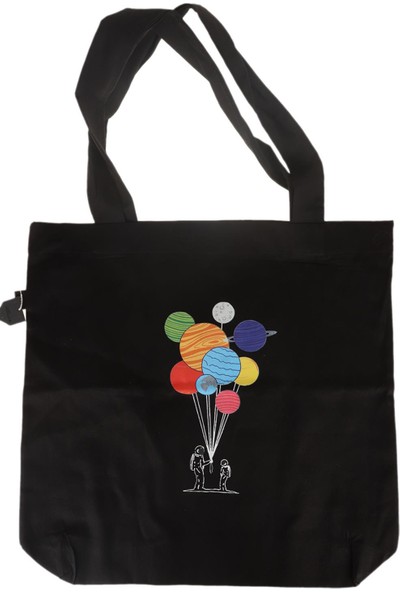 Attach Astronot Renkli Gezegenler Baskılı Large Omuz Çantası Siyah