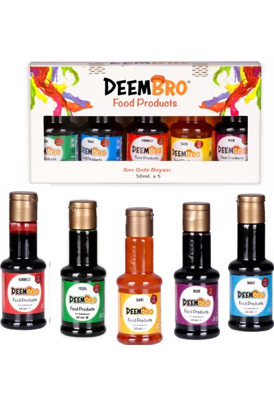 Deembro Sıvı Gıda Boyası Seti 5'li 5 Renk 50 ml x 5'li Su Bazlı Likit Gıda Boyaları Toplam 250 ml Deembro Sıvı Gıda Boyası Seti 5'li 5 Renk 50 ml x 5'li Su Bazlı Likit Gıda Boyaları Toplam 250 ml
