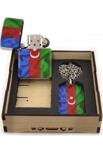Anahtarlık Sepeti Azerbaycan Bayrak Çakmak - Asker Künye Seti