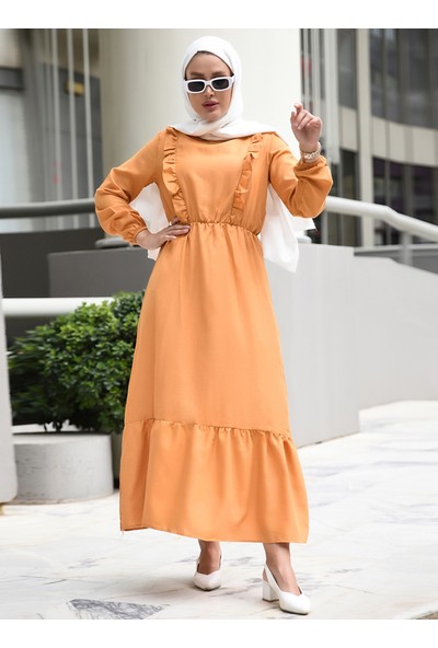 Göğüs Fırfırlı Uzun Elbise - Hardal - Por La Cara