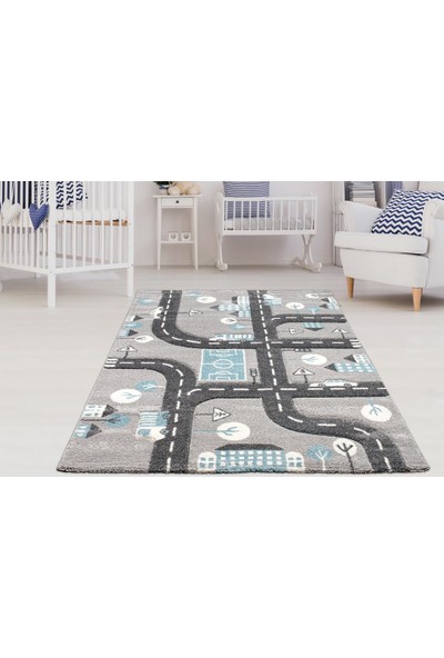 Demter Carpet Kids Yol Desenli Oymalı Gri Çocuk Halısı 68A