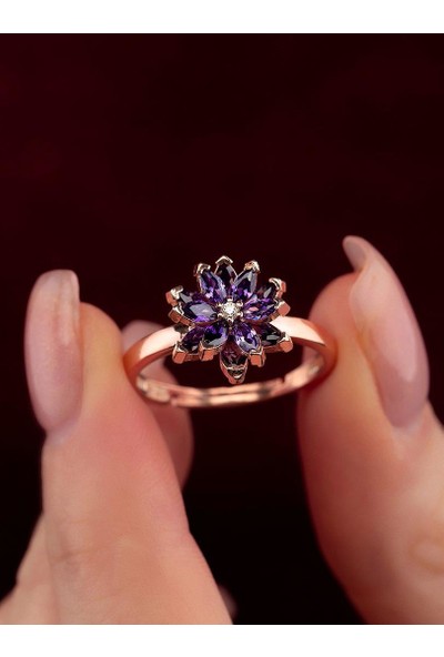 Gümüş Pazarım Ametist Taşlı Lotus Çiçeği Gümüş Yüzük