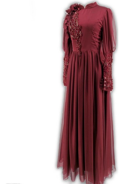 Fahrettin Moda 16370 Bordo Işlemeli Hakim Yaka Tesettür Abiye