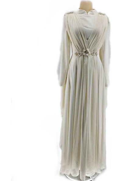 Fahrettin Moda 16570 Krem Drapeli Pelerinli Tesettür Abiye