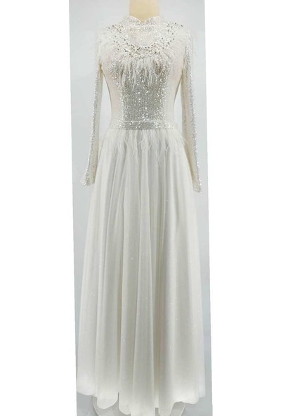 Fahrettin Moda 15480 Beyaz Pul Payet Simli Tül Tesettür Abiye