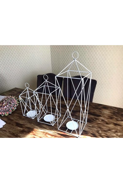 Yoko Dekoratif 3'lü Set Ferforje Kafes Fener Mumluk Beyaz